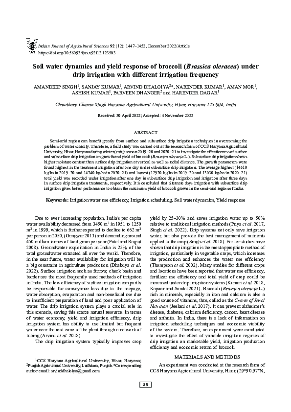 (PDF) Soil water dynamics and yield response of broccoli (Brassica ...