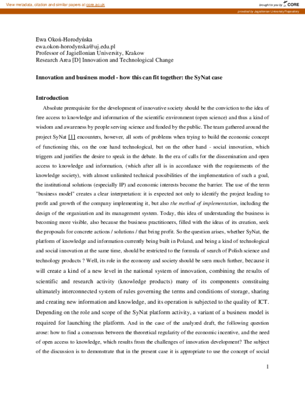 (PDF) Innovation and business model : how this can fit together : the ...