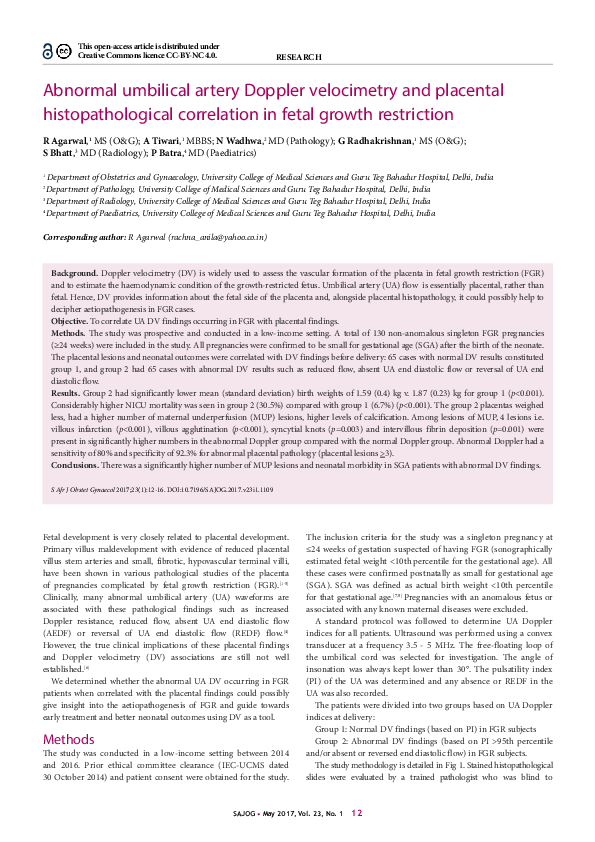 (PDF) Abnormal umbilical artery Doppler velocimetry and placental ...