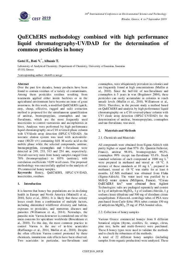 (PDF) QuEChERS methodology combined with high performance liquid chromatography-UV/DAD for the ...