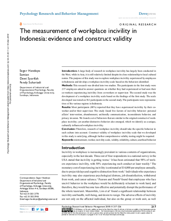 (PDF) The measurement of workplace incivility in Indonesia: evidence ...