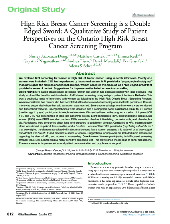 (PDF) High Risk Breast Cancer Screening is a Double Edged Sword: A ...