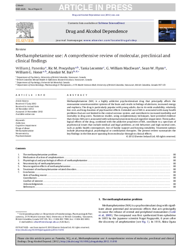 (PDF) Methamphetamine use: A comprehensive review of molecular, preclinical and clinical findings