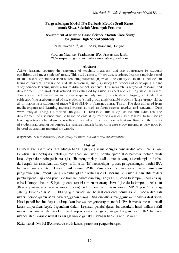 (PDF) Pengembangan Modul IPA Berbasis Metode Studi Kasus untuk Siswa Sekolah Menengah Pertama