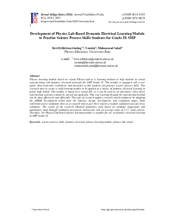 Pdf Development Of Physics Lab Based Dynamic Electrical Learning Module To Practice Science
