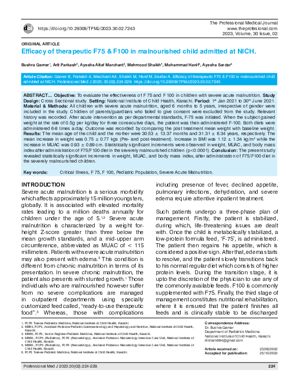 (PDF) Efficacy of therapeutic F75 & F100 in malnourished child admitted ...