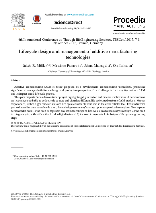 (PDF) Lifecycle design and management of additive manufacturing ... (PDF) Lifecycle design and management of additive manufacturing ...
