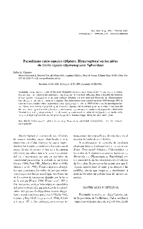 (PDF) Parasitismo entre especies (Diptera, Hymenoptera) en los nidos de ...