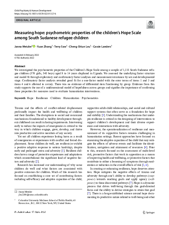 (PDF) Measuring hope: psychometric properties of the children’s Hope ...