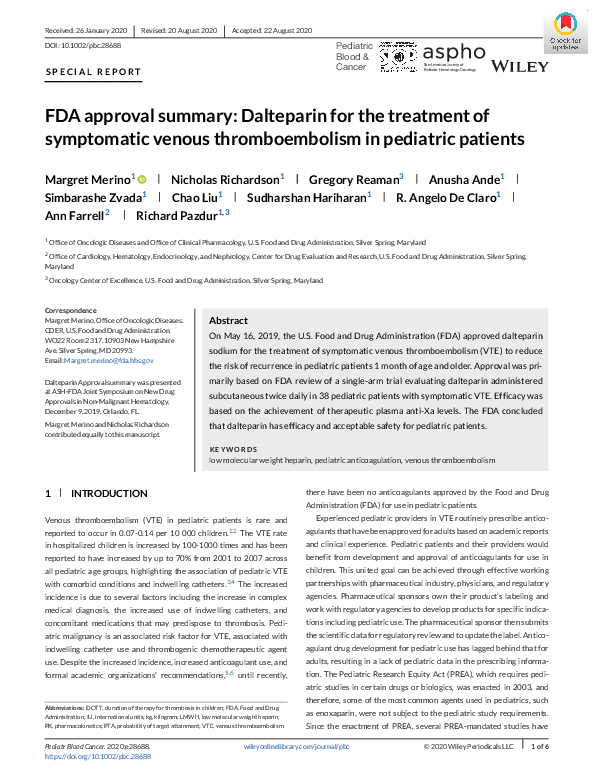 (PDF) FDA approval summary: Dalteparin for the treatment of symptomatic ...