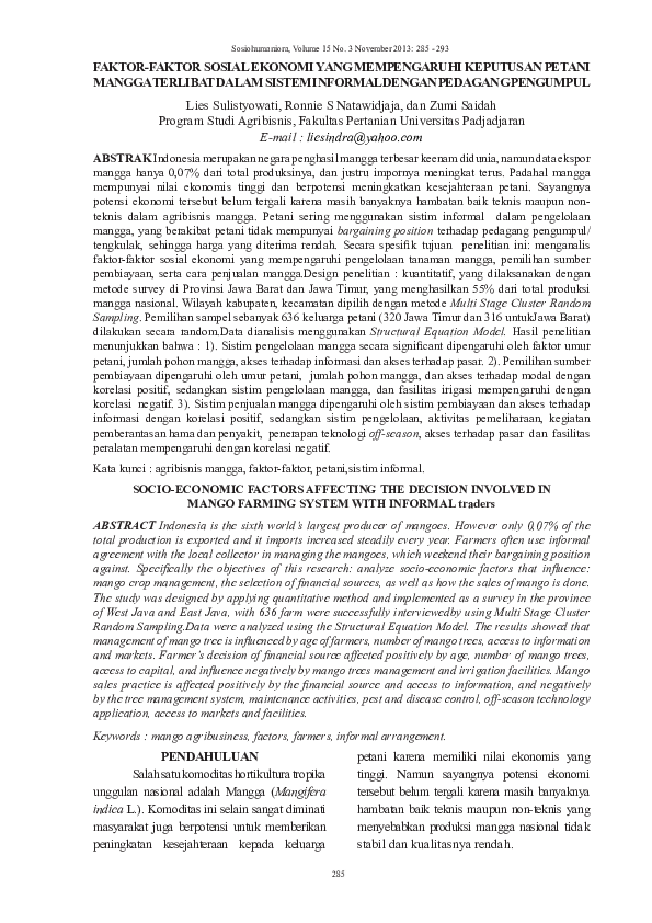 (PDF) Faktor-Faktor Sosial Ekonomi Yang Mempengaruhi Keputusan Petani Mangga Terlibat Dalam ...