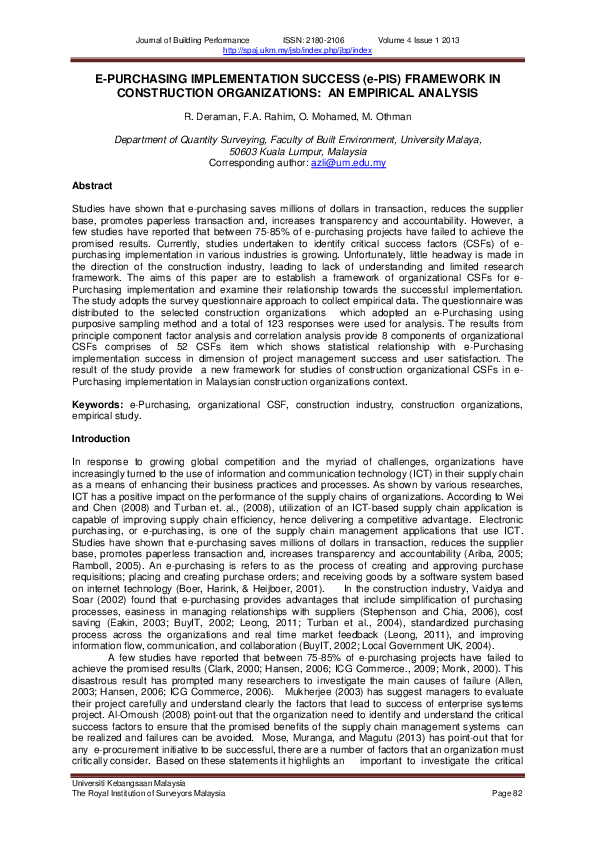 (PDF) E-PURCHASING IMPLEMENTATION SUCCESS (e-PIS) FRAMEWORK IN CONSTRUCTION ORGANIZATIONS: AN ...
