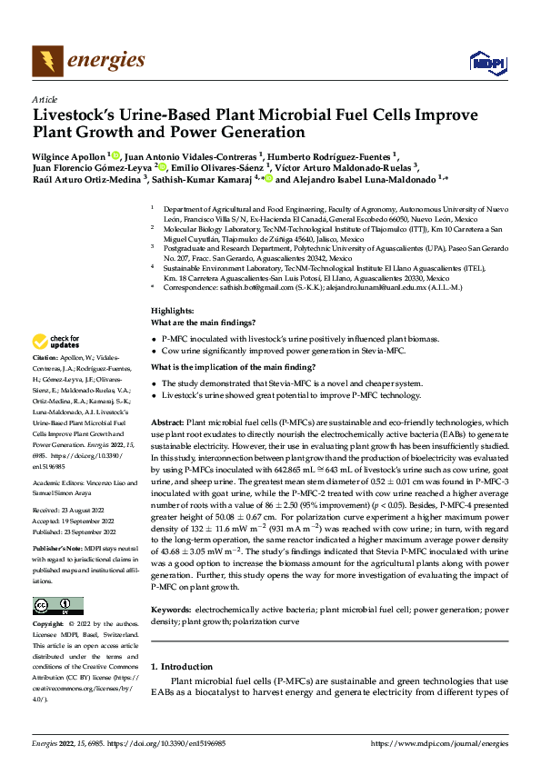 (PDF) Livestock’s Urine-Based Plant Microbial Fuel Cells Improve Plant Growth and Power Generation