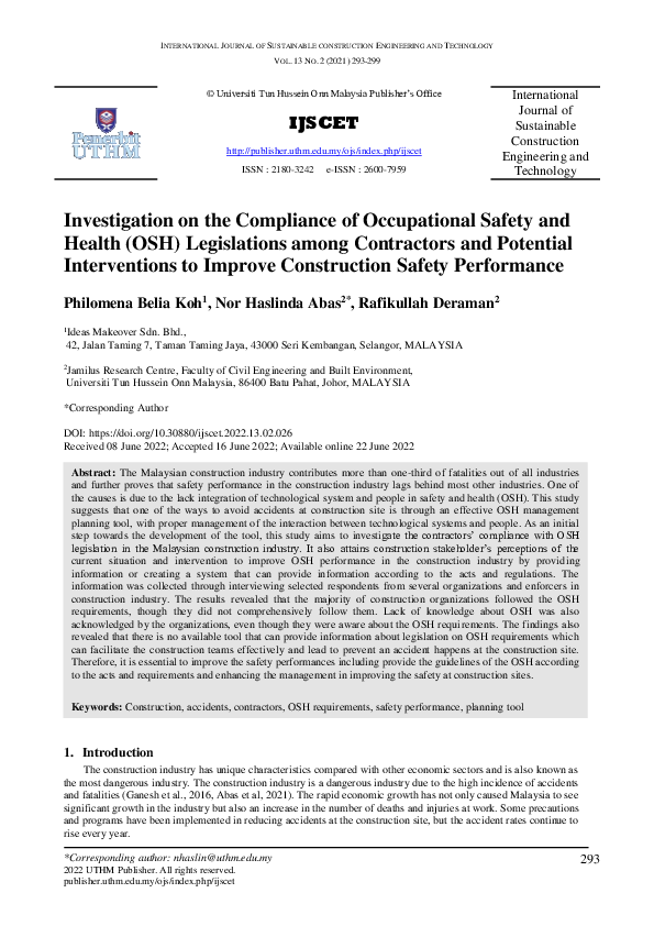 (PDF) Investigation on the Compliance of Occupational Safety and Health (OSH) Legislations among ...