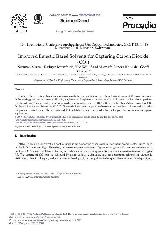 (PDF) Improved Eutectic Based Solvents for Capturing Carbon Dioxide (CO2)