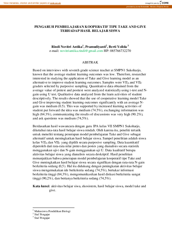 (PDF) Pengaruh Pembelajaran Kooperatif Tipe Take and Give Terhadap Hasil Belajar Siswa | Rindi ...