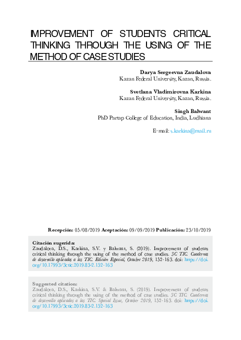 (PDF) Improvement of students critical thinking through the using of the method of case studies ...