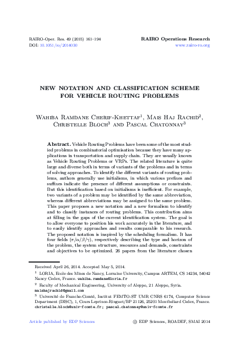 (PDF) New Notation and Classification Scheme for Vehicle Routing Problems