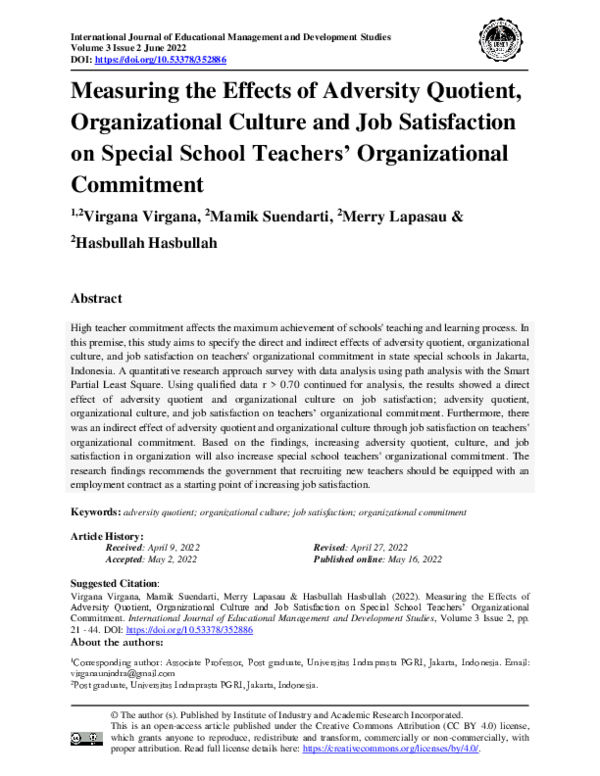 (PDF) Measuring the Effects of Adversity Quotient, Organizational Culture and Job Satisfaction ...