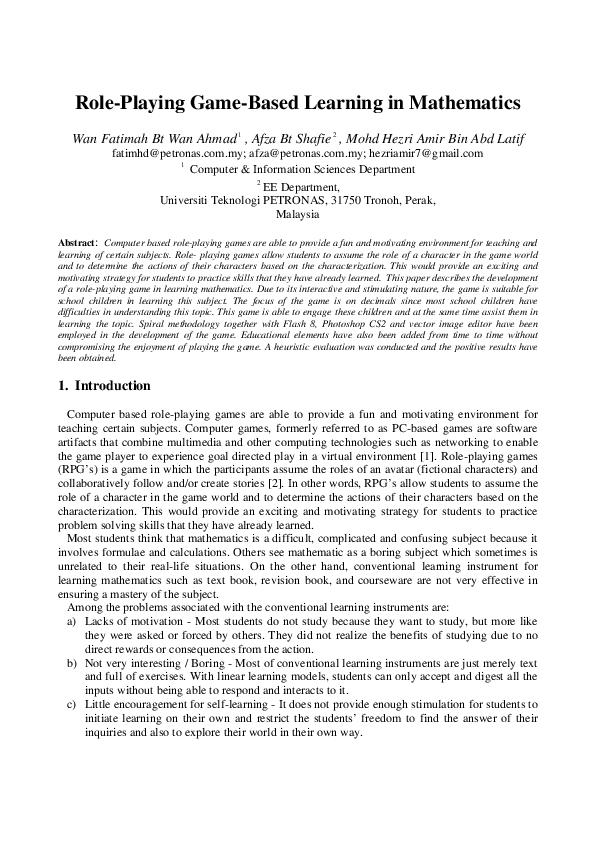 (PDF) Role-Playing Game-Based Learning in Mathematics