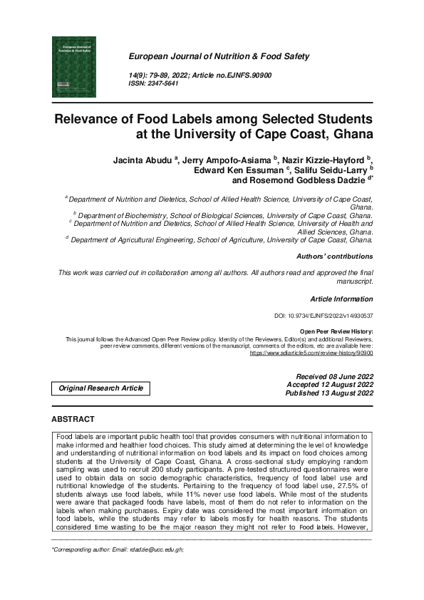 (PDF) Relevance of Food Labels among Selected Students at the ...