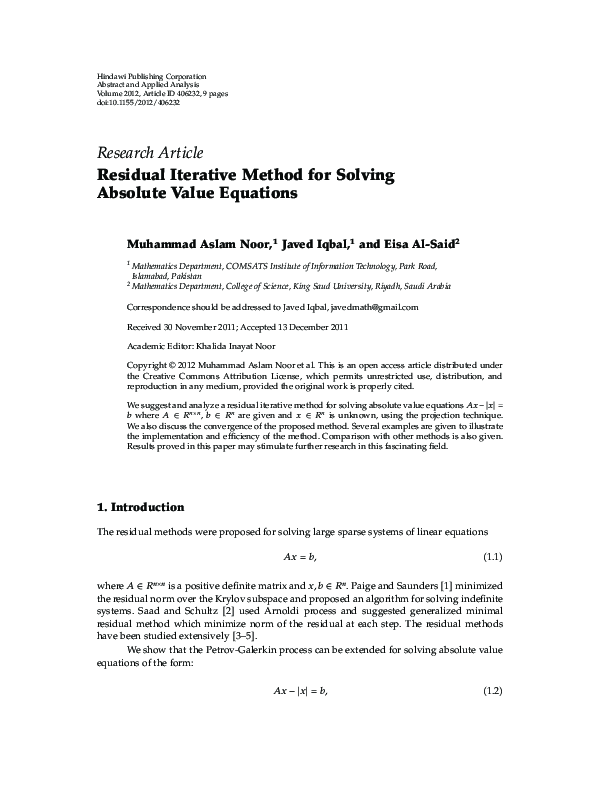 (PDF) Residual Iterative Method for Solving Absolute Value Equations | muhammad fakhruddin noor ...