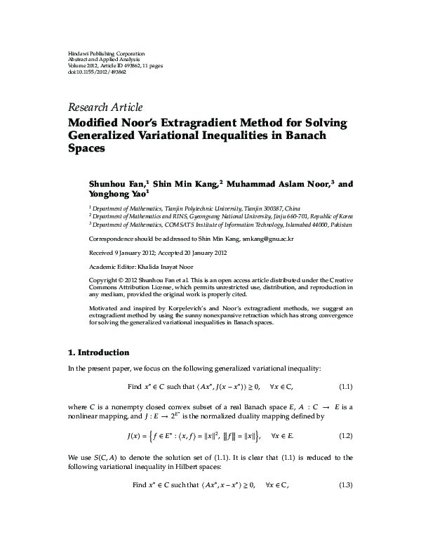 Pdf Modified Noors Extragradient Method For Solving Generalized Variational Inequalities In