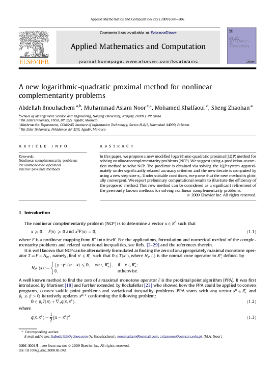 (PDF) A new logarithmic-quadratic proximal method for nonlinear complementarity problems