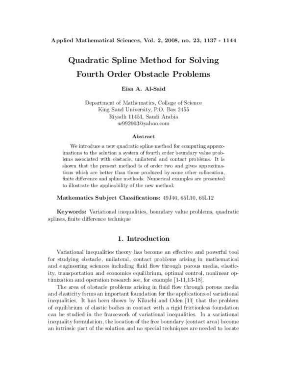 Pdf Cubic Splines Method For Solving Fourth Order Obstacle Problems