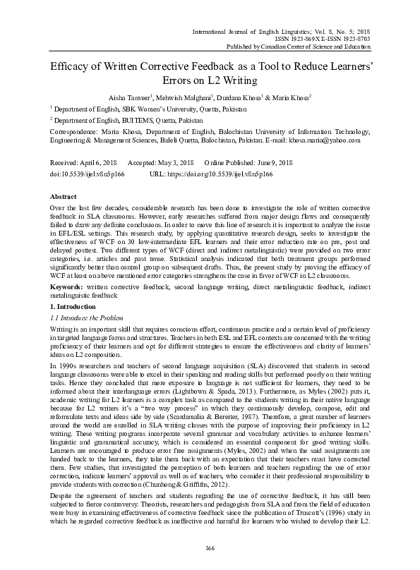 (PDF) Efficacy of Written Corrective Feedback as a Tool to Reduce Learners’ Errors on L2 Writing
