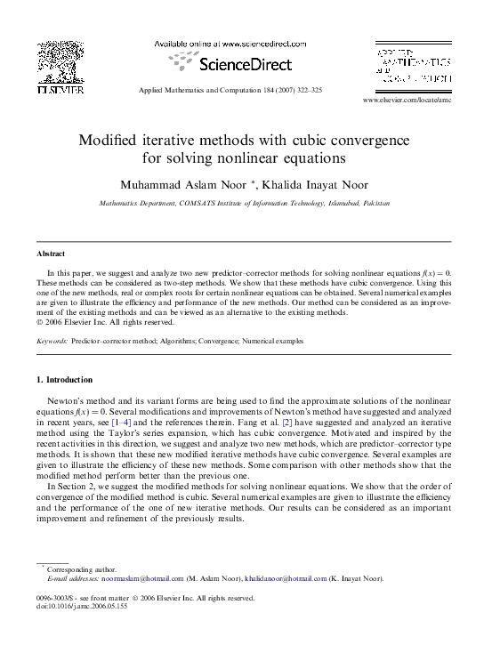 Pdf Modified Iterative Methods With Cubic Convergence For Solving Nonlinear Equations