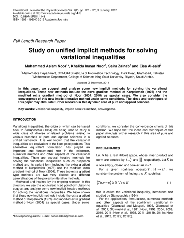 (PDF) Study on unified implicit methods for solving variational inequalities