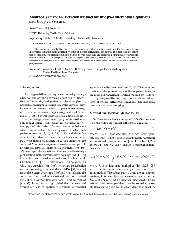 (PDF) Modified Variational Iteration Method for Integro-Differential Equations and Coupled Systems