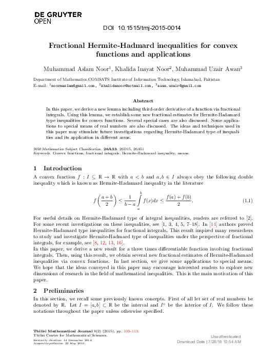 (PDF) Fractional Hermite-Hadmard inequalities for convex functions and applications | muhammad ...