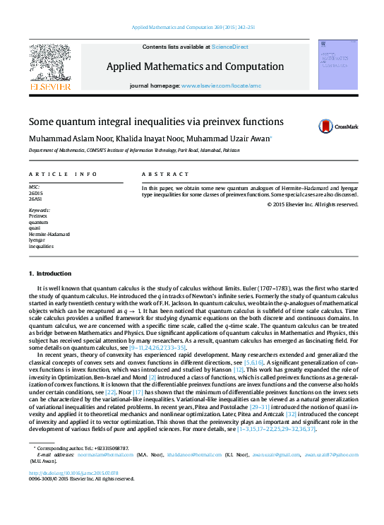 Pdf Some Quantum Integral Inequalities Via Preinvex Functions Muhammad Fakhruddin Noor