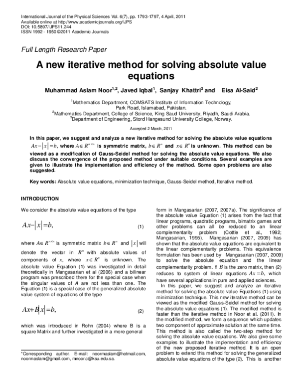 (PDF) A New Iterative Method for Solving Absolute Value Equations