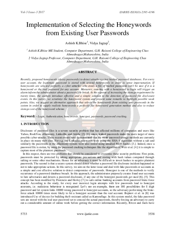 (PDF) Implementation of Selecting the Honeywords from Existing User Passwords