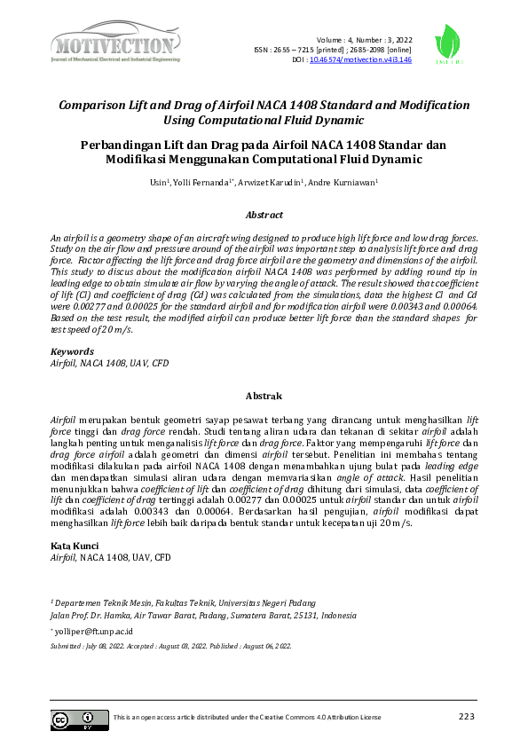 (PDF) Comparison Lift and Drag of Airfoil NACA 1408 Standard and Modification Using ...