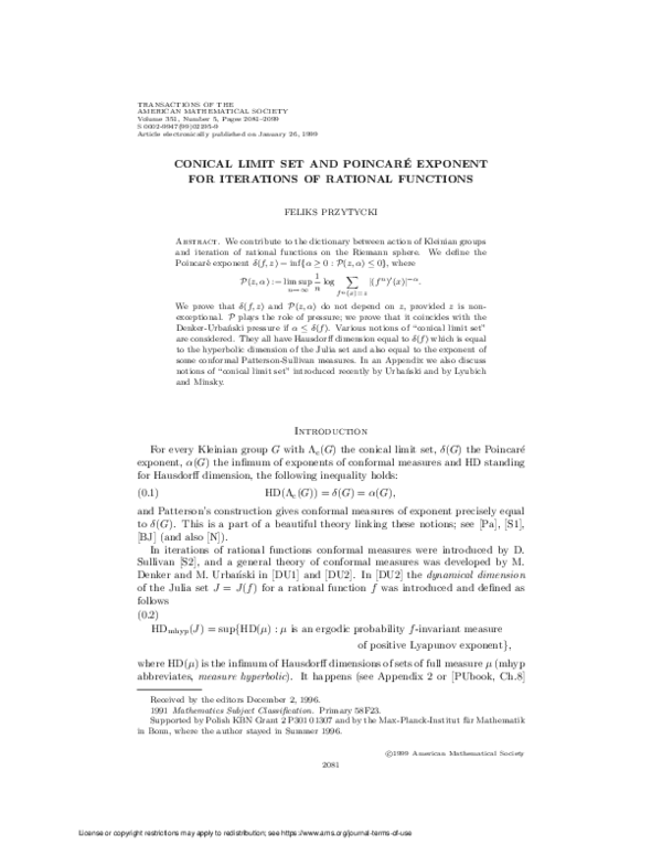 (PDF) Conical limit set and Poincaré exponent for iterations of rational functions