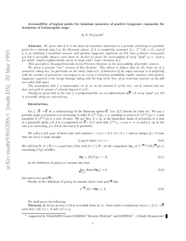 (PDF) Accessability of typical points for invariant measures of positive Lyapunov exponents for ...