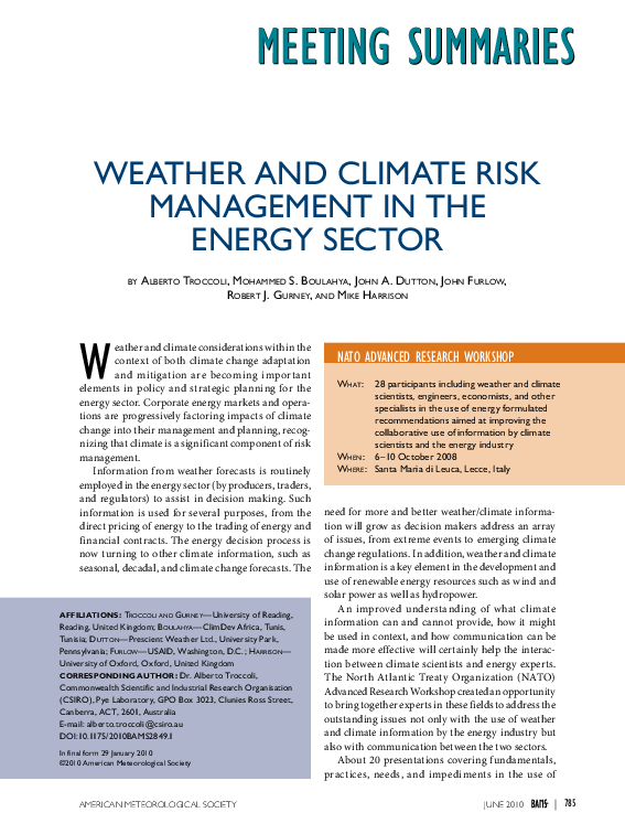 (PDF) Weather and Climate Risk Management in the Energy Sector