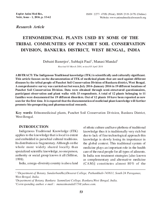 (PDF) Ethnomedicinal Plants Used by Some of the Tribal Communities of Panchet Soil Conservation ...