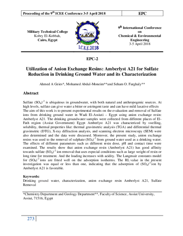 (PDF) Utilization of Anion Exchange Resins: Amberlyst A21 for Sulfate ...