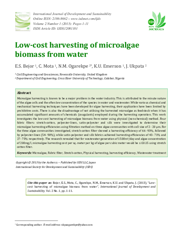 (PDF) Low-cost harvesting of microalgae biomass from water