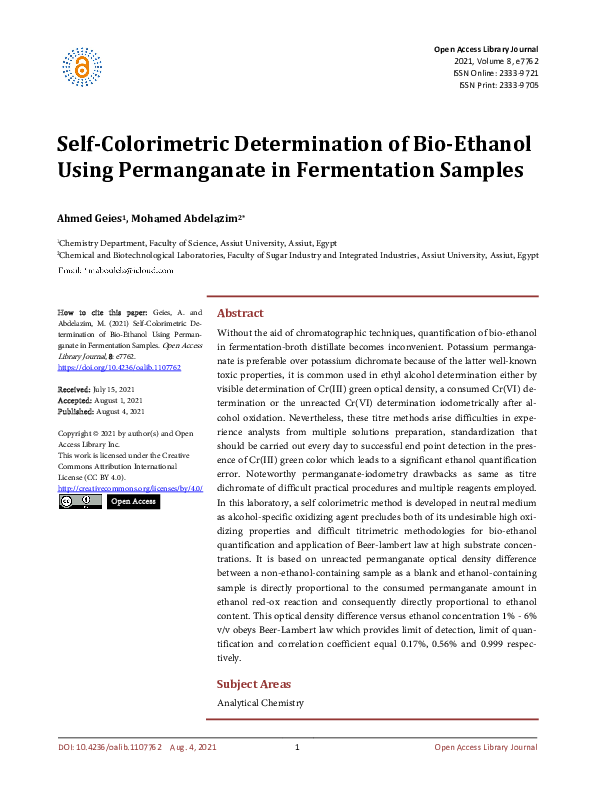 (PDF) Self-Colorimetric Determination of Bio-Ethanol Using Permanganate ...