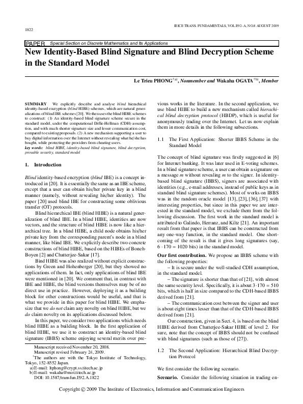 Pdf New Identity Based Blind Signature And Blind Decryption Scheme In
