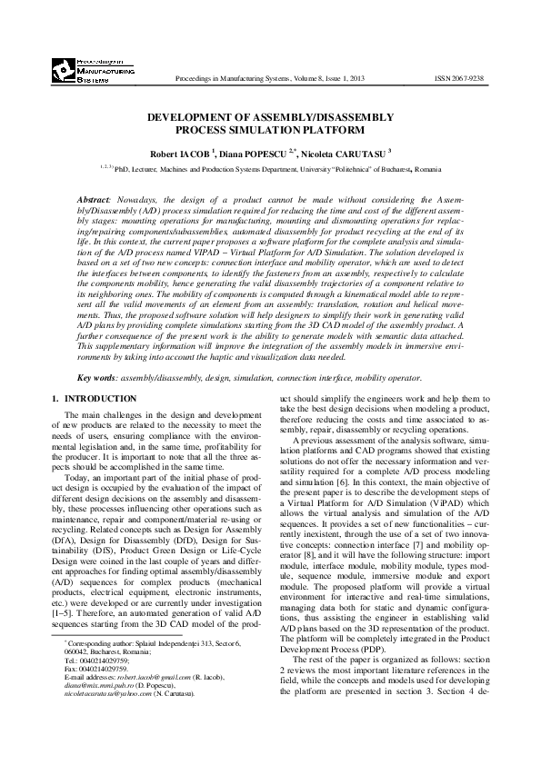 (PDF) Development of Assembly / Disassembly Process Simulation Platform