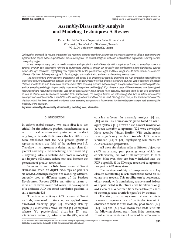 (PDF) Assembly/Disassembly Analysis and Modeling Techniques: A Review
