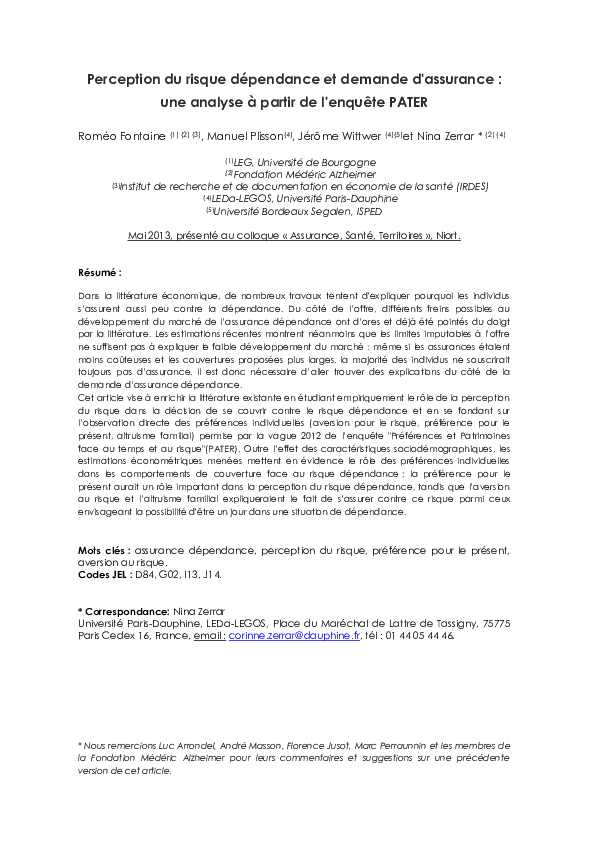 (PDF) Perception du risque dépendance et demande d'assurance : une analyse à partir de l'enquête ...