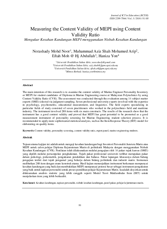 (PDF) Measuring the content validity of MEPI using contentvalidity ratio